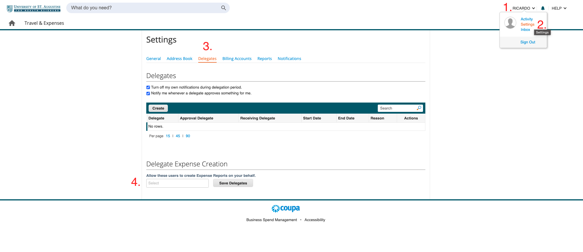 Coupa - Add a Delegated User to Create Expense Reports On Your Behalf – University of St ...